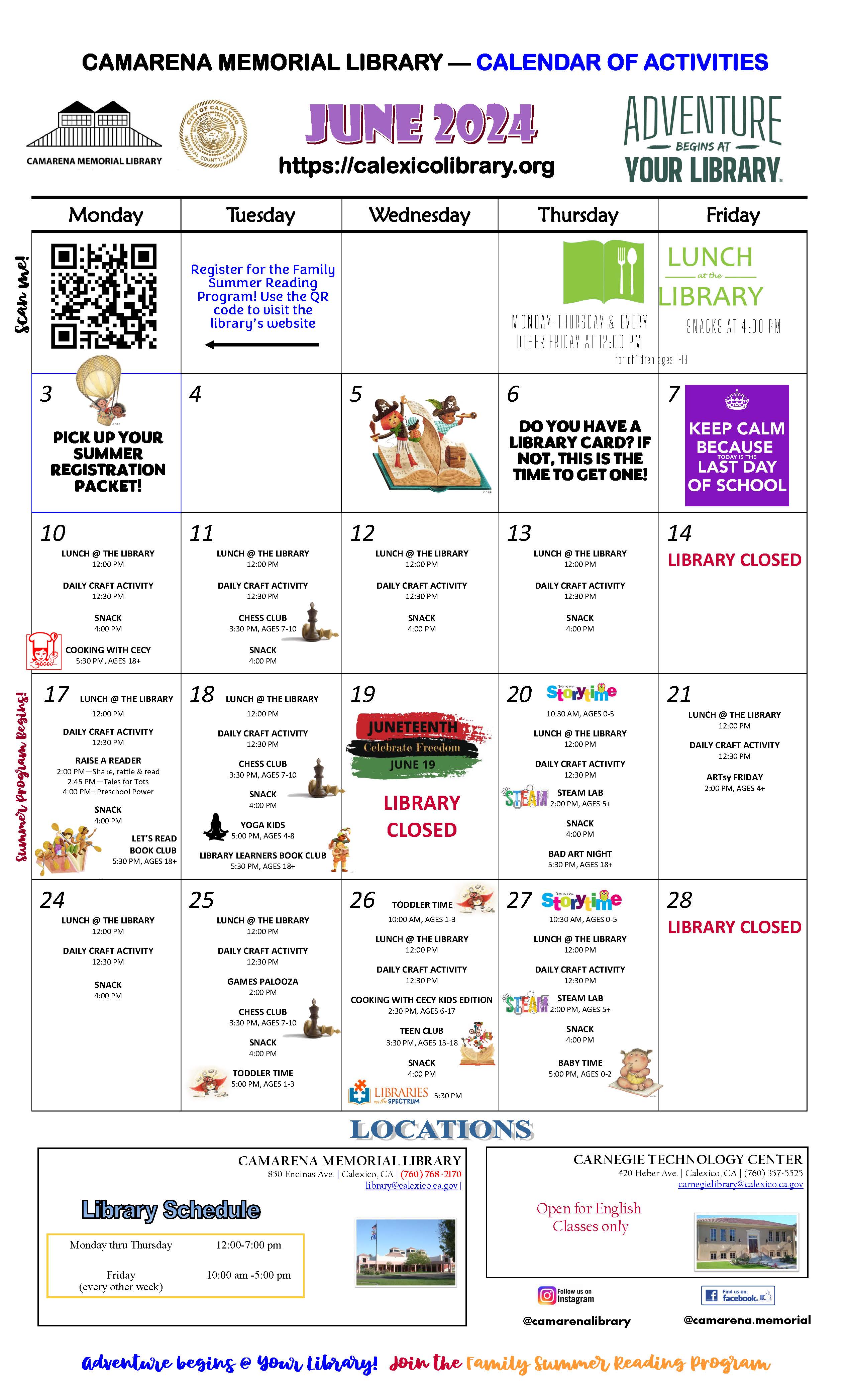 Monthly calendar of activities | Camarena Memorial Library