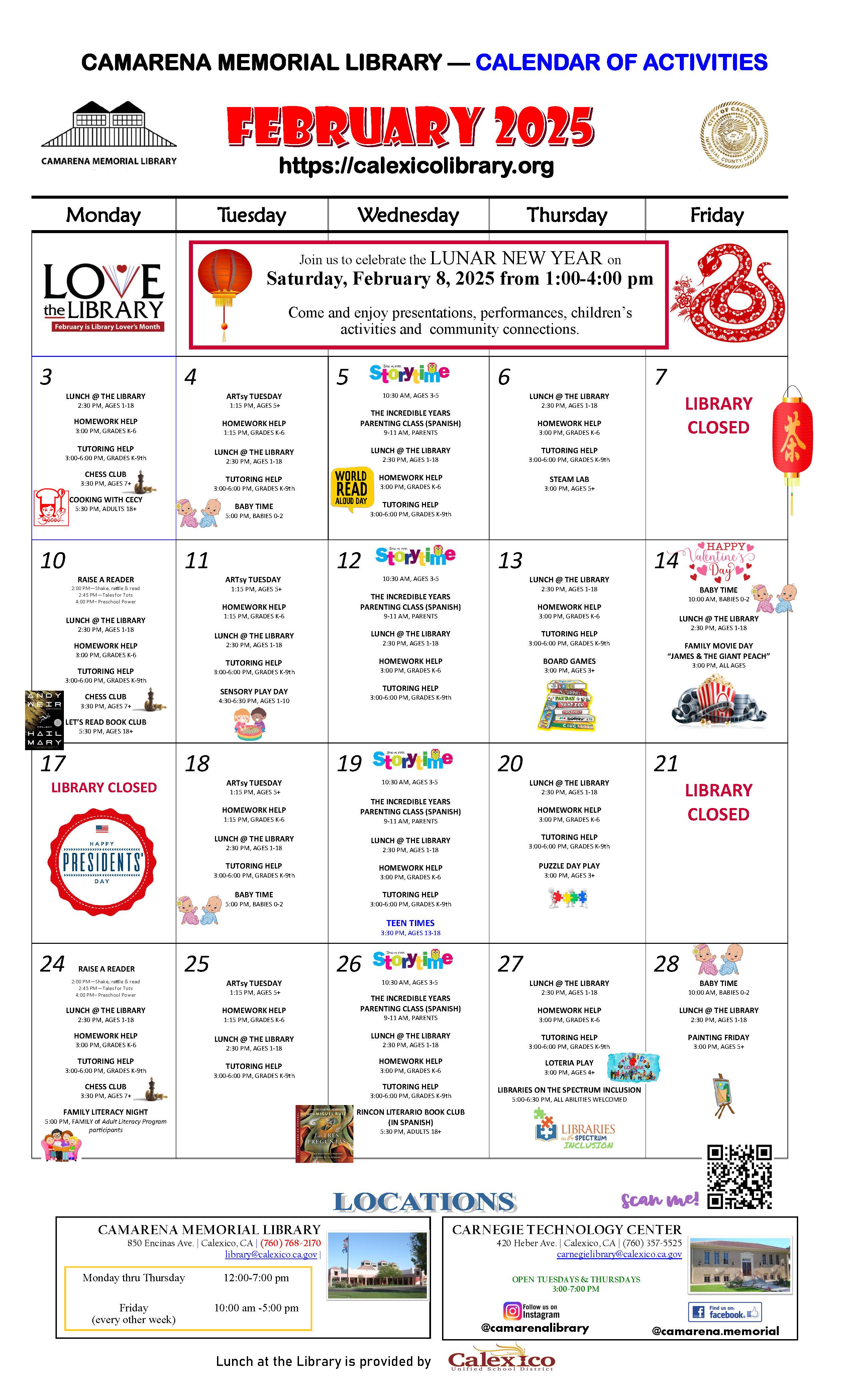 Monthly calendar of activities | Camarena Memorial Library